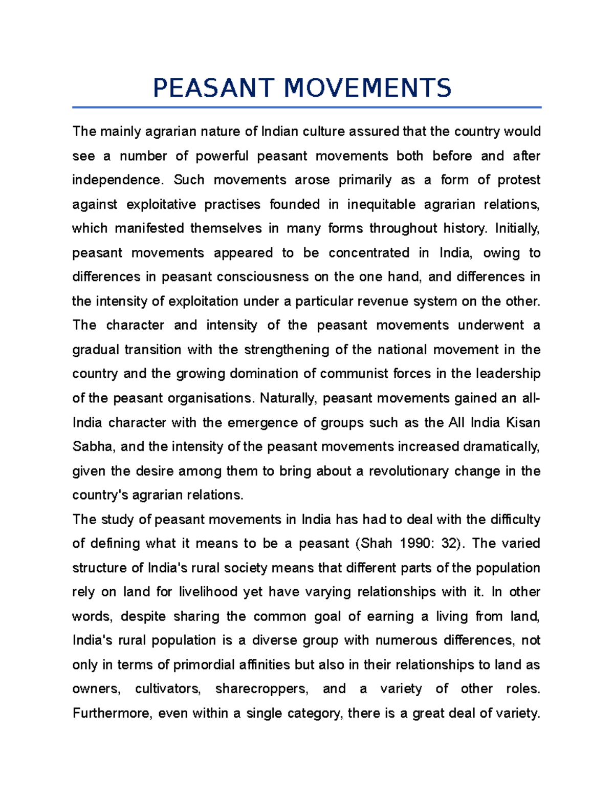 Brief NOTE ON Peasant Movements - PEASANT MOVEMENTS The mainly agrarian ...