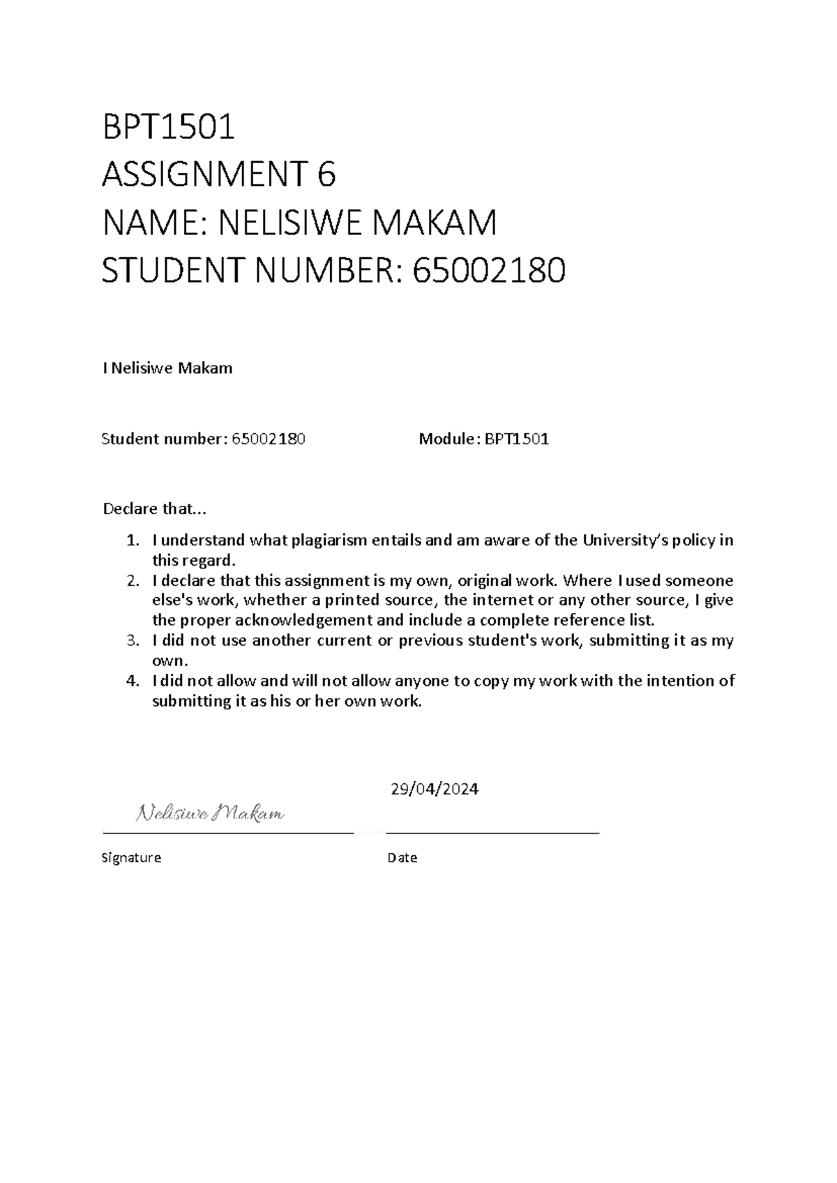 BPT1501 ASSIGNNMENT 6 - BPT ASSIGNMENT 6 NAME: NELISIWE MAKAM STUDENT ...