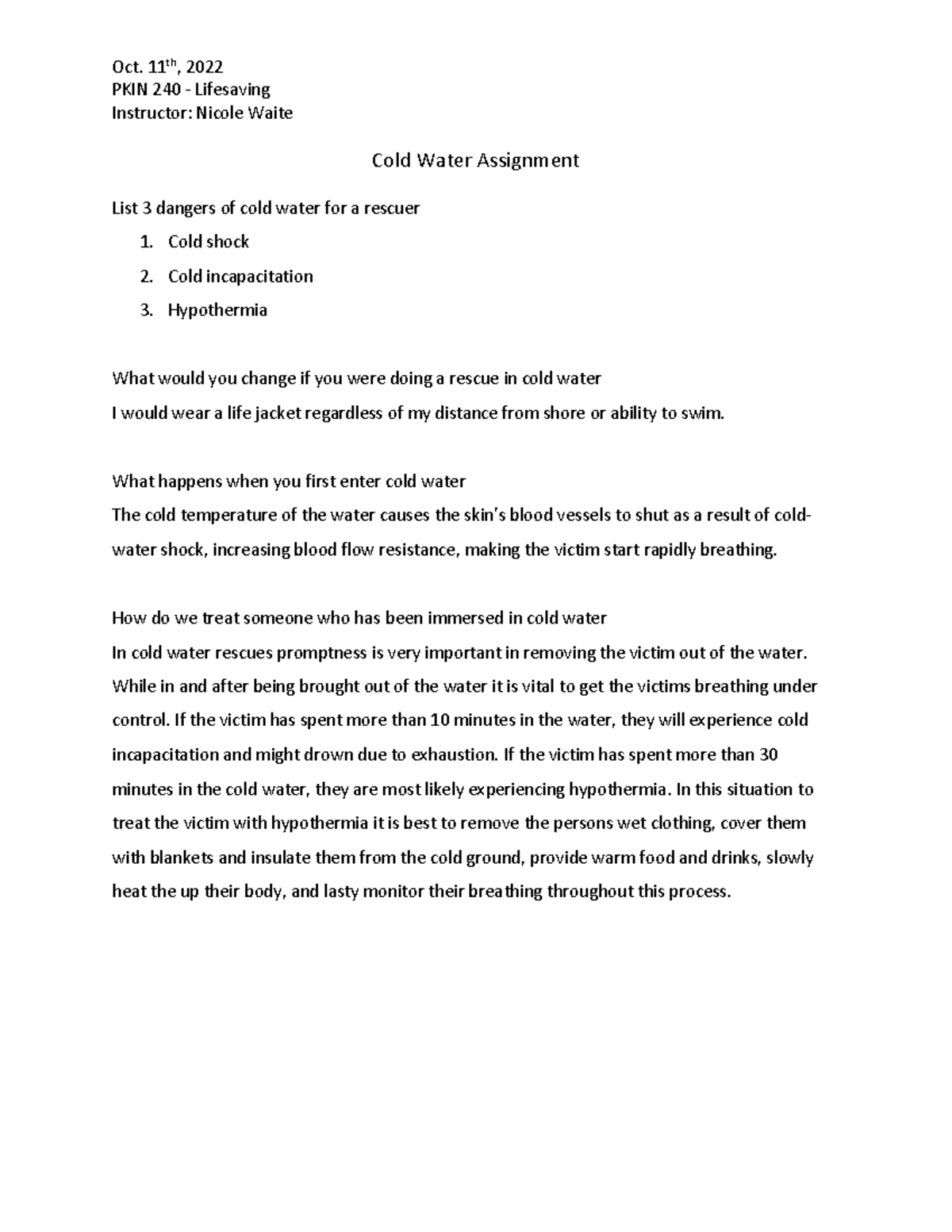Cold Water Assignment - Oct. 11th, 2022 PKIN 240 - Lifesaving ...