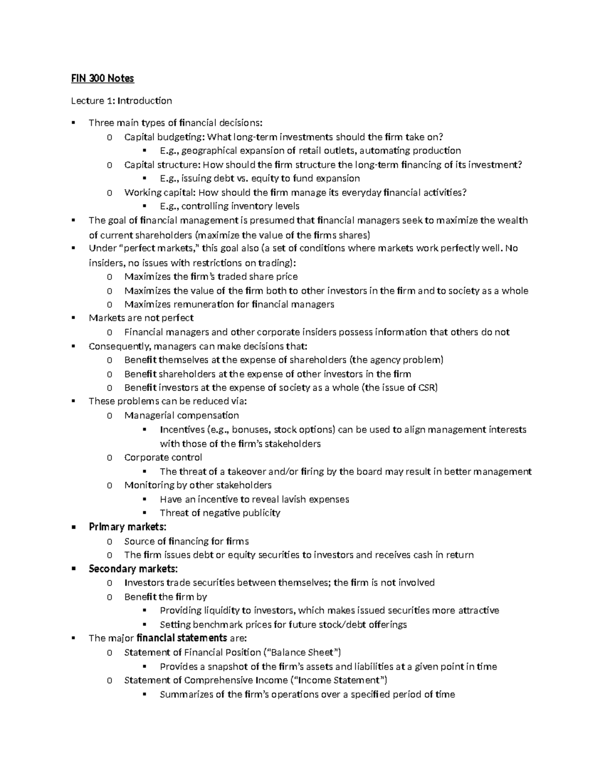 FIN 300 Notes 2 1 - FIN 300 Notes Lecture 1: Introduction Three main ...