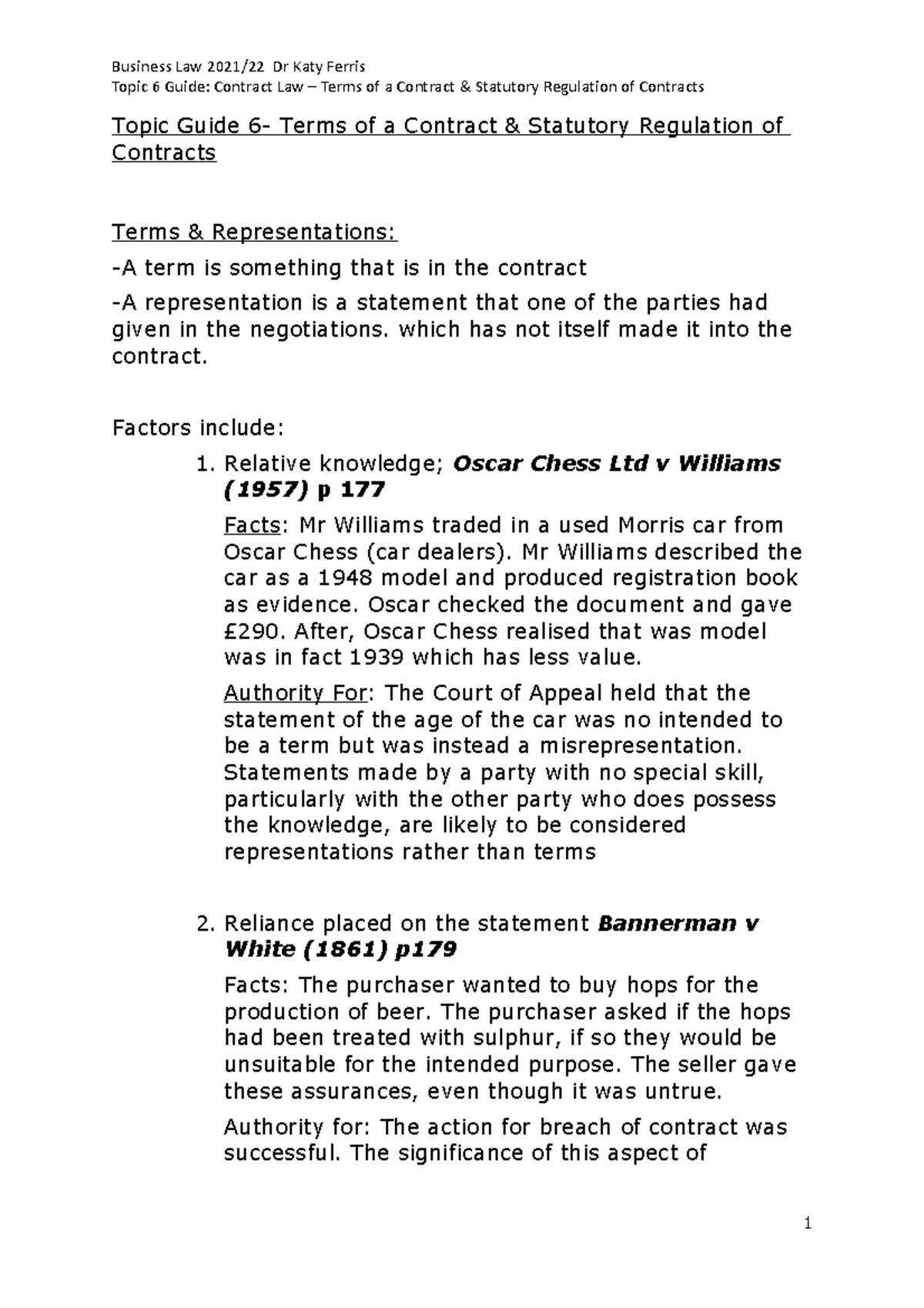 Topic 6 Guide Contract (KF)202122 - Topic 6 Guide: Contract Law – Terms ...
