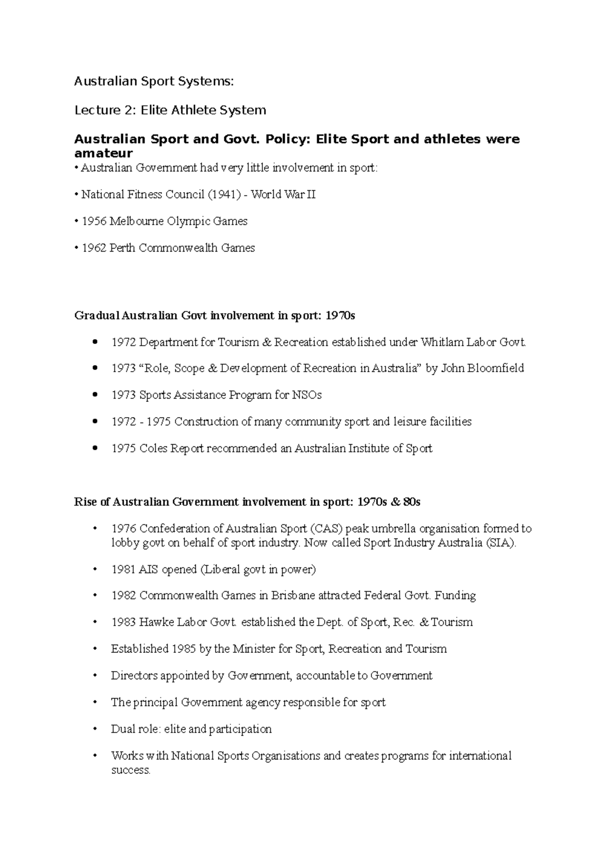 Australian Sport System lecture notes - Australian Sport Systems ...