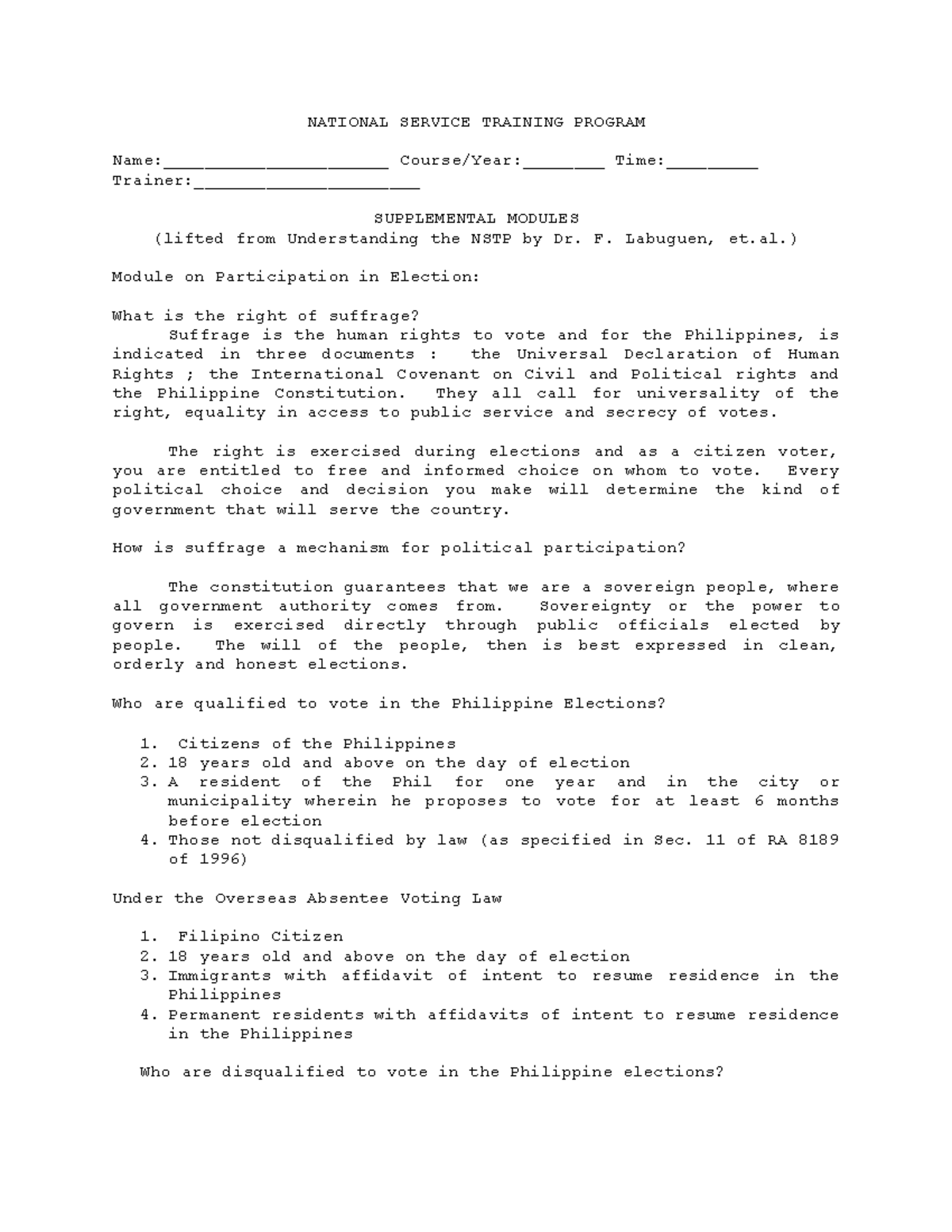 Election- Process aaa - NATIONAL SERVICE TRAINING PROGRAM Name ...