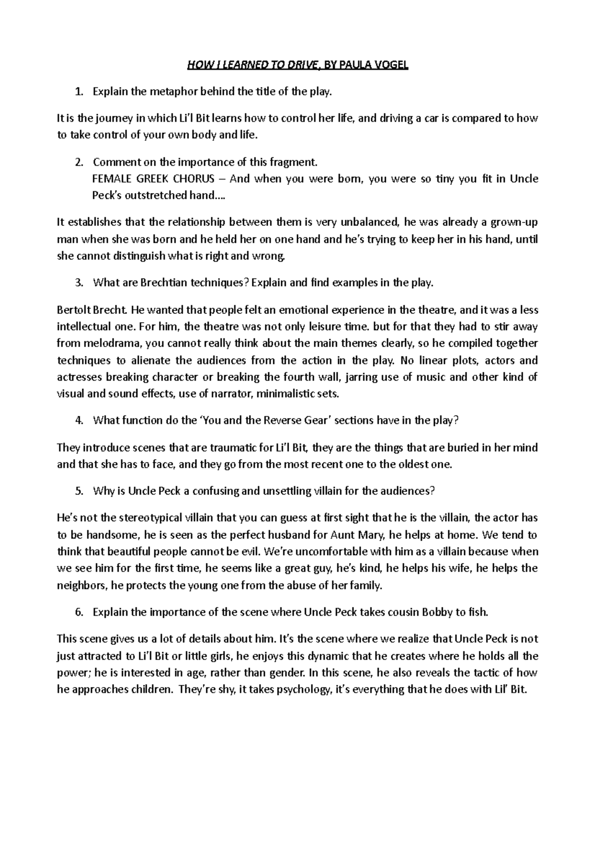 Worksheet 2 - How I Leanred to Drive - HOW I LEARNED TO DRIVE , BY ...