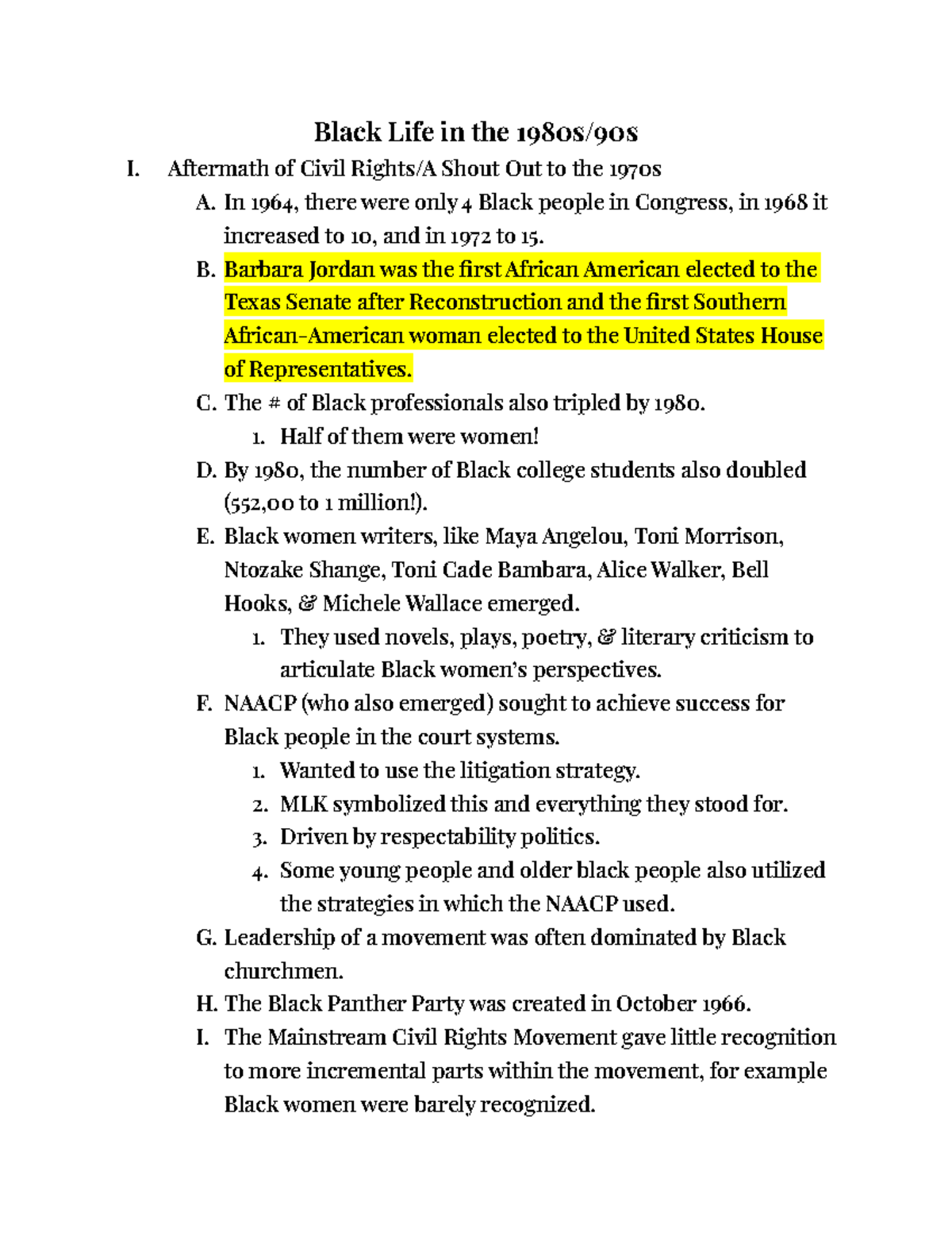 HIST 2061 Week 13 - Black Life in the 1980s/90s I. Aftermath of Civil ...