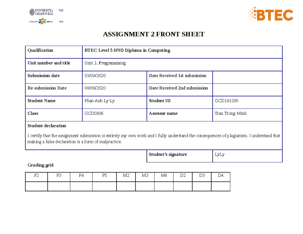 ASM2 - BTEC Level 5 HND Diploma in Computing - ASSIGNMENT 2 FRONT SHEET ...