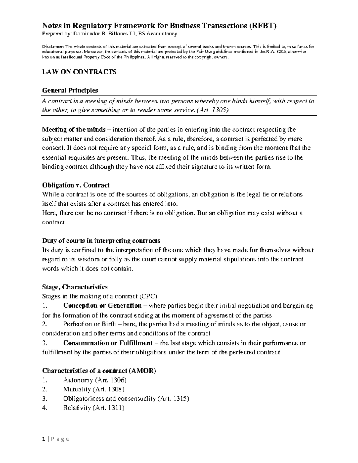 LAW ON Contracts- Comprehensive Reviewer - LAW1 - DLSU - Studocu