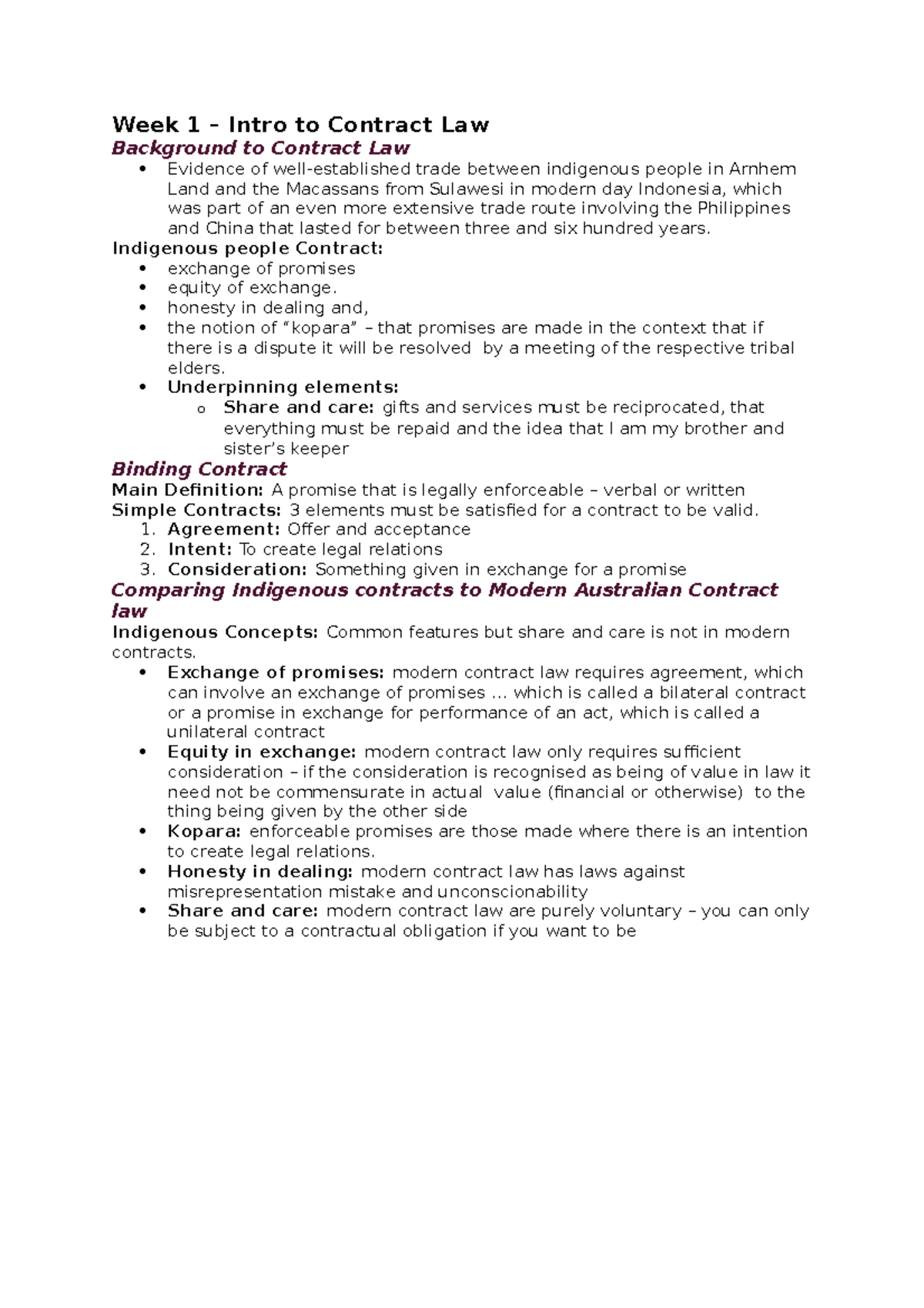 LLB202 Contract Law Exam Notes Week 1-10 - Week 1 – Intro to Contract ...
