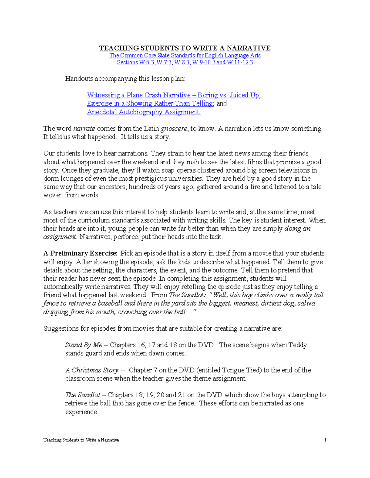 Narrative writing lesson plan - TEACHING STUDENTS TO WRITE A NARRATIVE ...