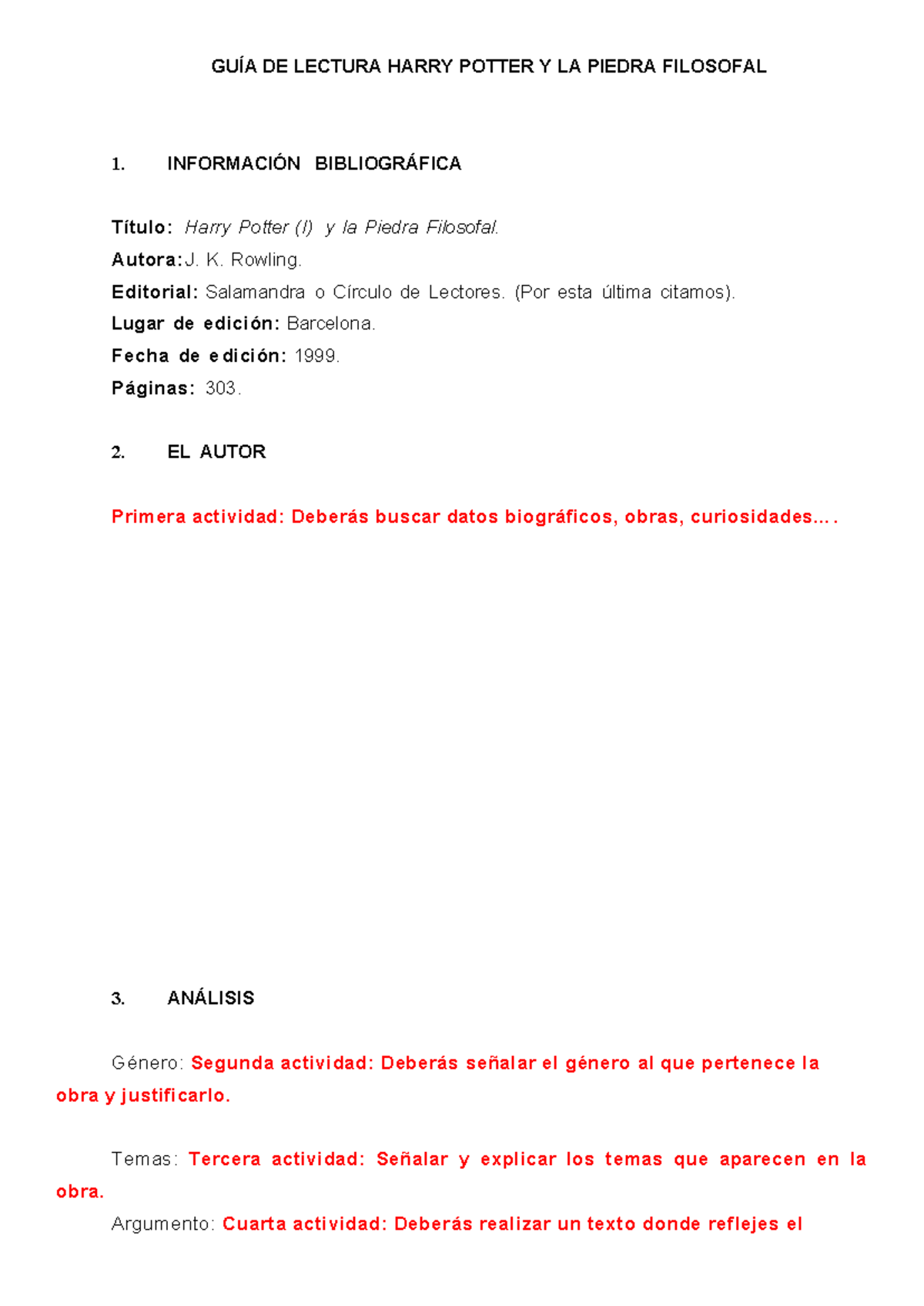 Guía lectura Harry Potter y la piedra filosofal - GUÍA DE LECTURA HARRY ...