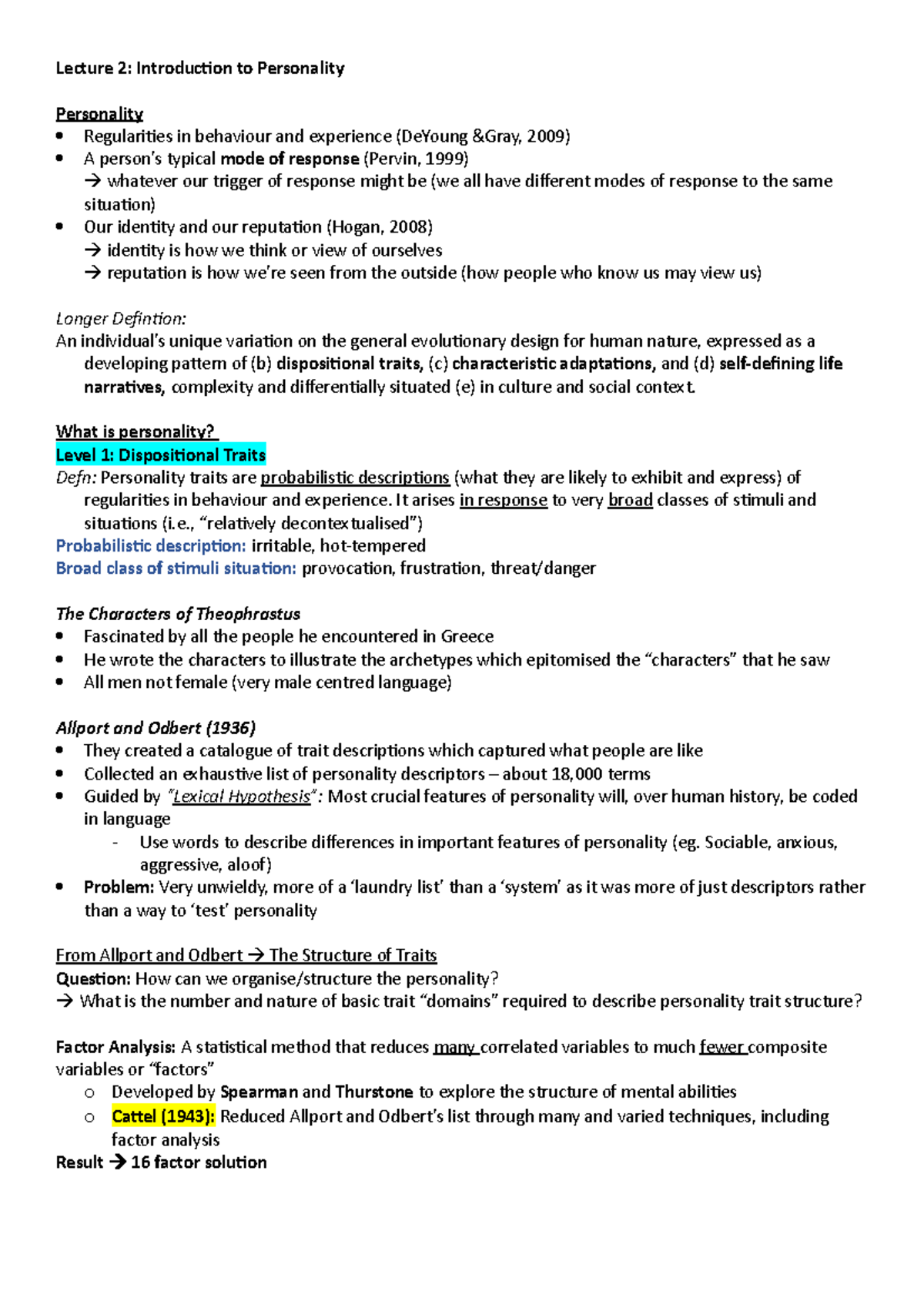 Lecture 2 - personality psychology - Lecture 2: Introduction to ...