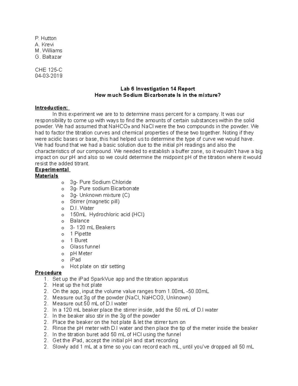 CHE125 Lab Investigation 14 Report - P. Hutton A. Krevi M. Williams G ...
