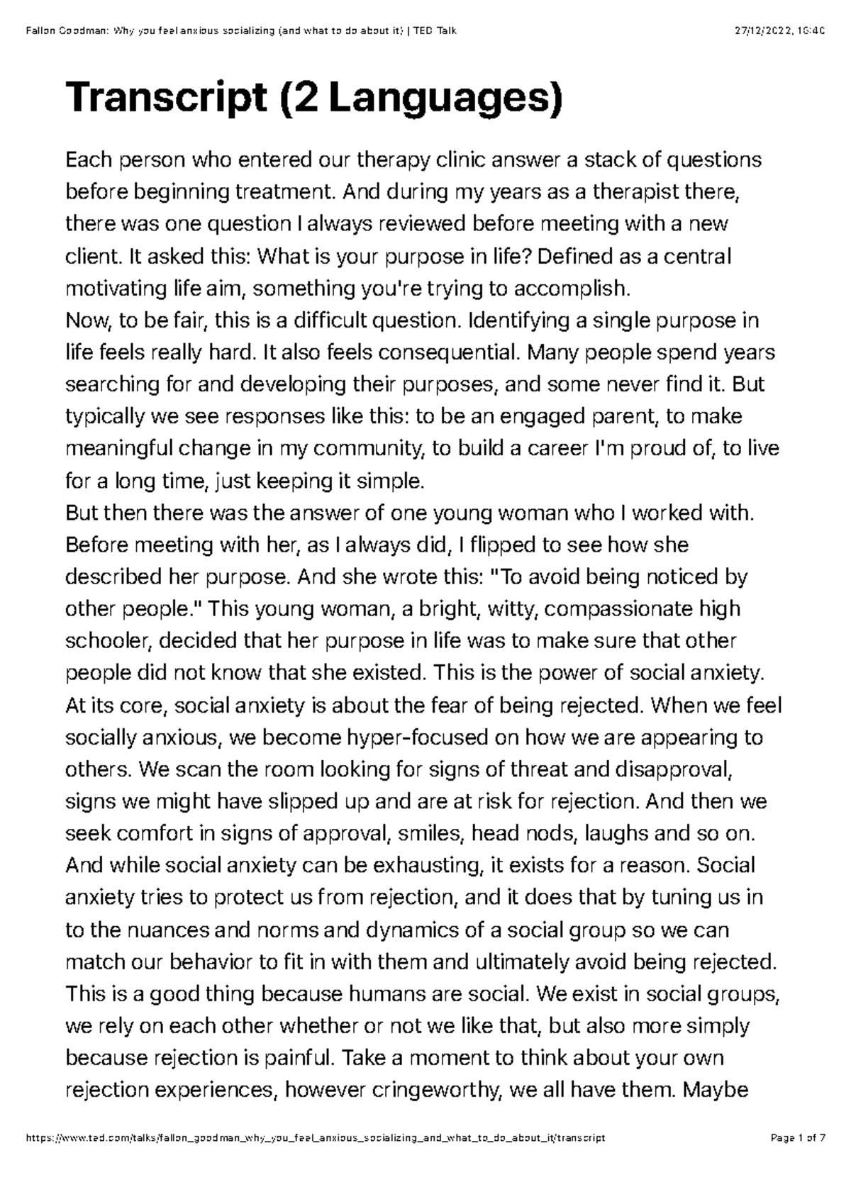 Why you feel anxious socializing - Transcript (2 Languages) Each person ...