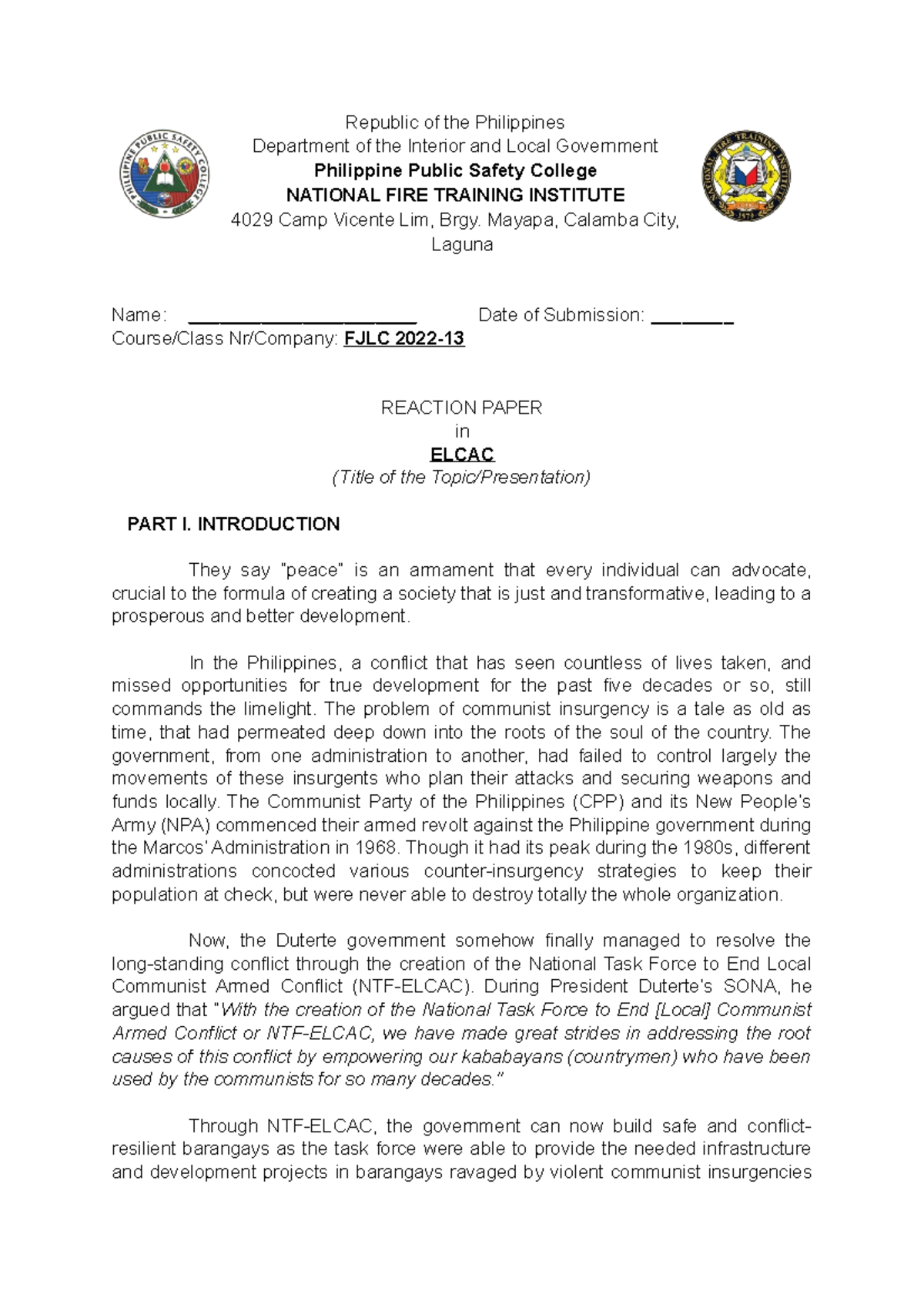 Elcac reaction paper-Renan B. Laylay edited - Republic of the ...