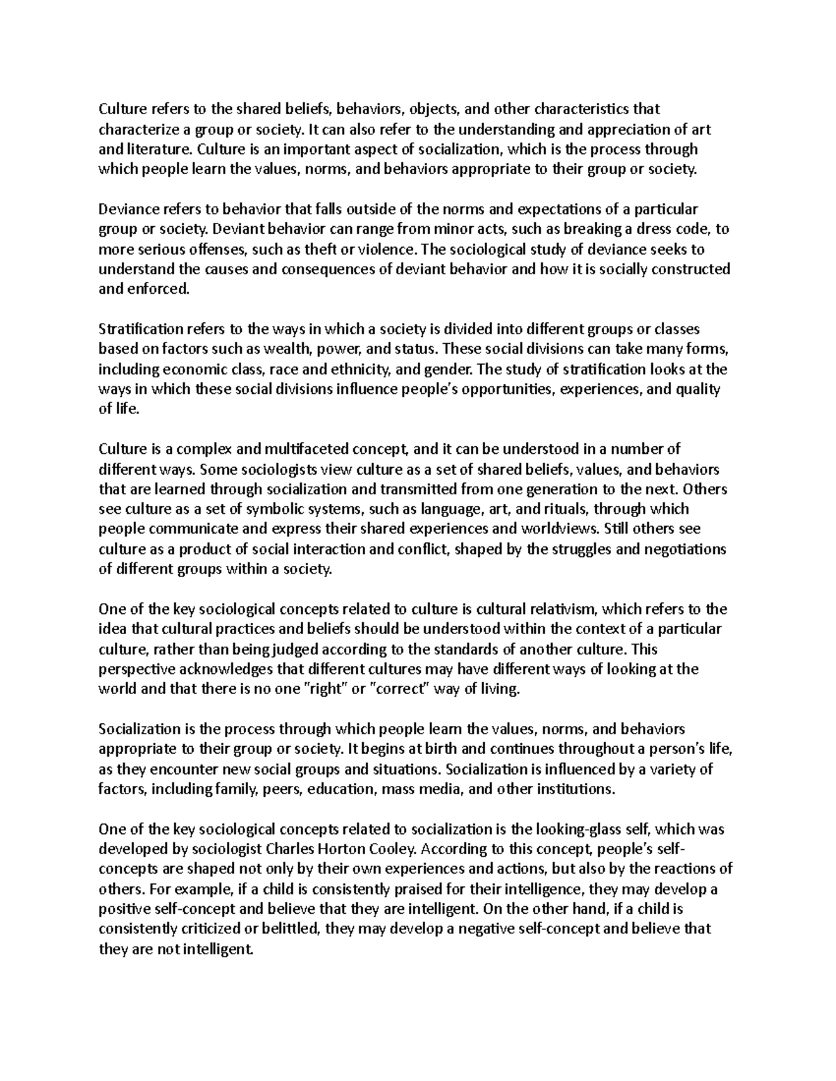 Culture notes - Culture refers to the shared beliefs, behaviors ...