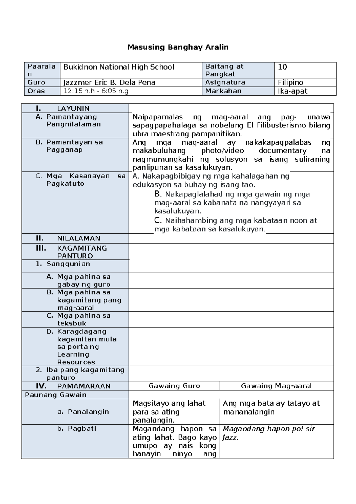 Lesson plan el fili 10-12 - Masusing Banghay Aralin Paarala n Bukidnon ...