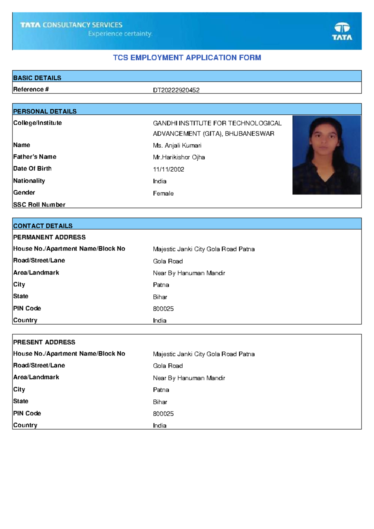 Tcs form - TCS EMPLOYMENT APPLICATION FORM BASIC DETAILS Reference # DT ...