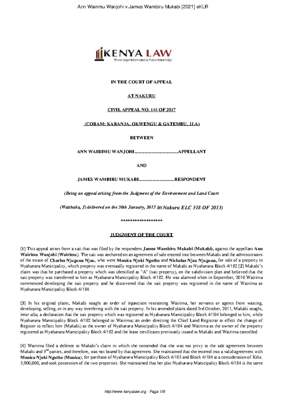 Civil Appeal 144 of 2017 - IN THE COURT OF APPEAL AT NAKURU CIVIL ...