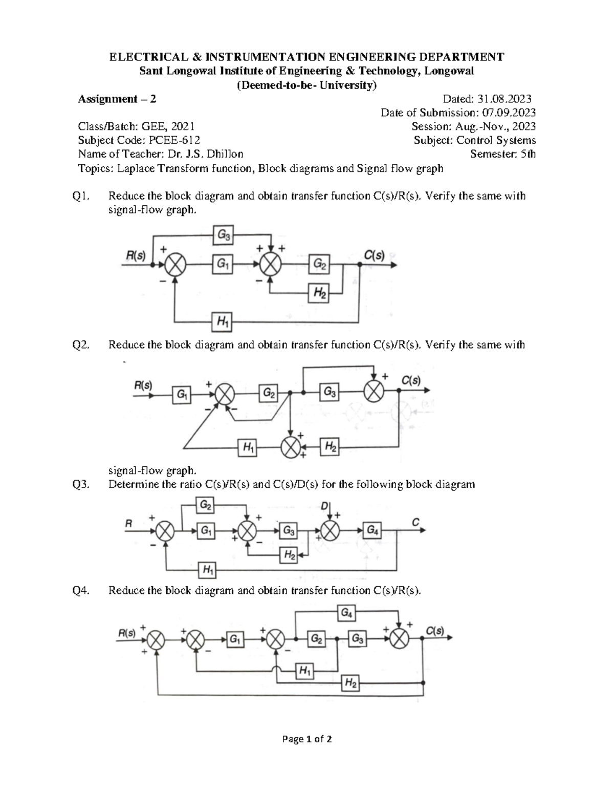 PCEE-612 Assignment 2 Group A - Page 1 of 2 ELECTRICAL & INSTRUMENTATION ENGINEERING DEPARTMENT ...