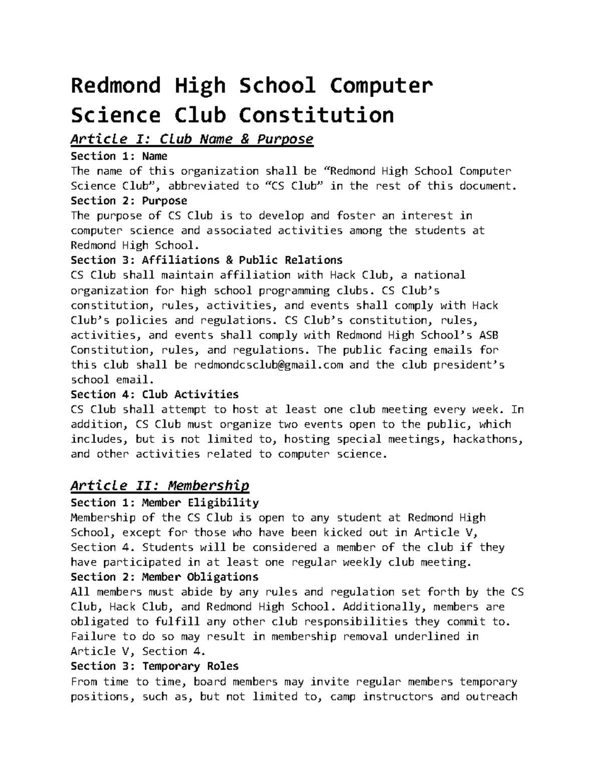 Redmond High School Computer Science Club Constitution - Redmond High ...