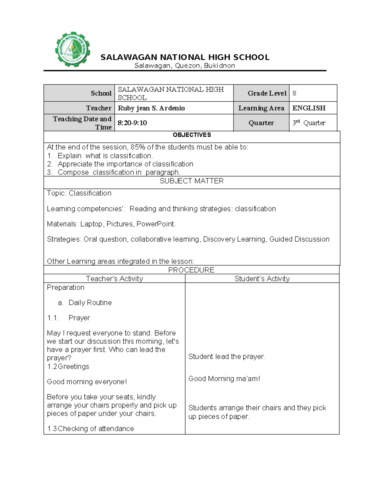 Classification revise - SALAWAGAN NATIONAL HIGH SCHOOL Salawagan ...