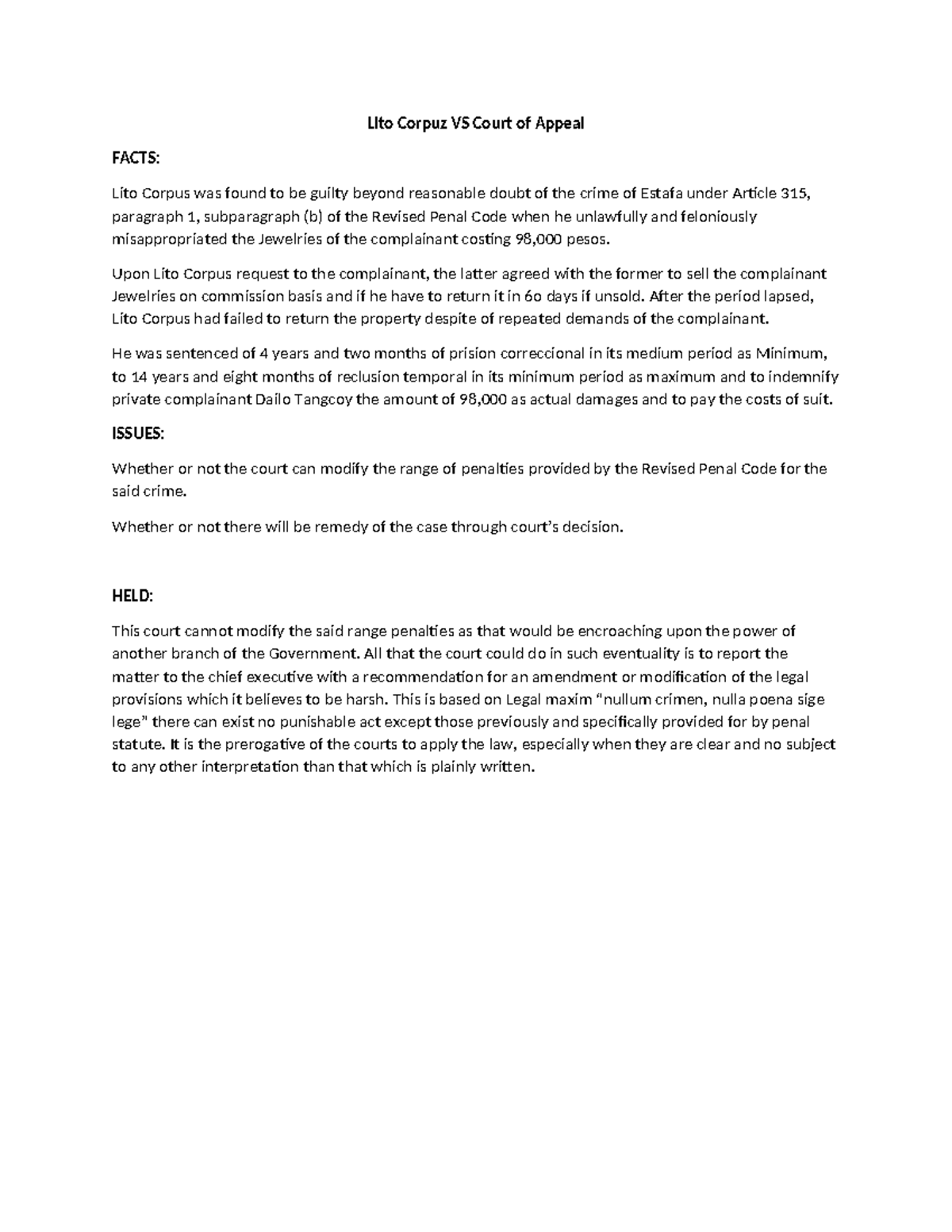 Lito vs Corpus - Summary Governance, Business Ethics, Risk Management ...