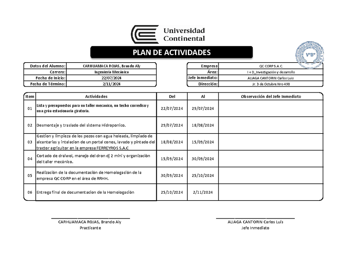 Plan de actividad - asfasfasf - CARHUAMACA ROJAS, Brando Aly Ingeniería ...