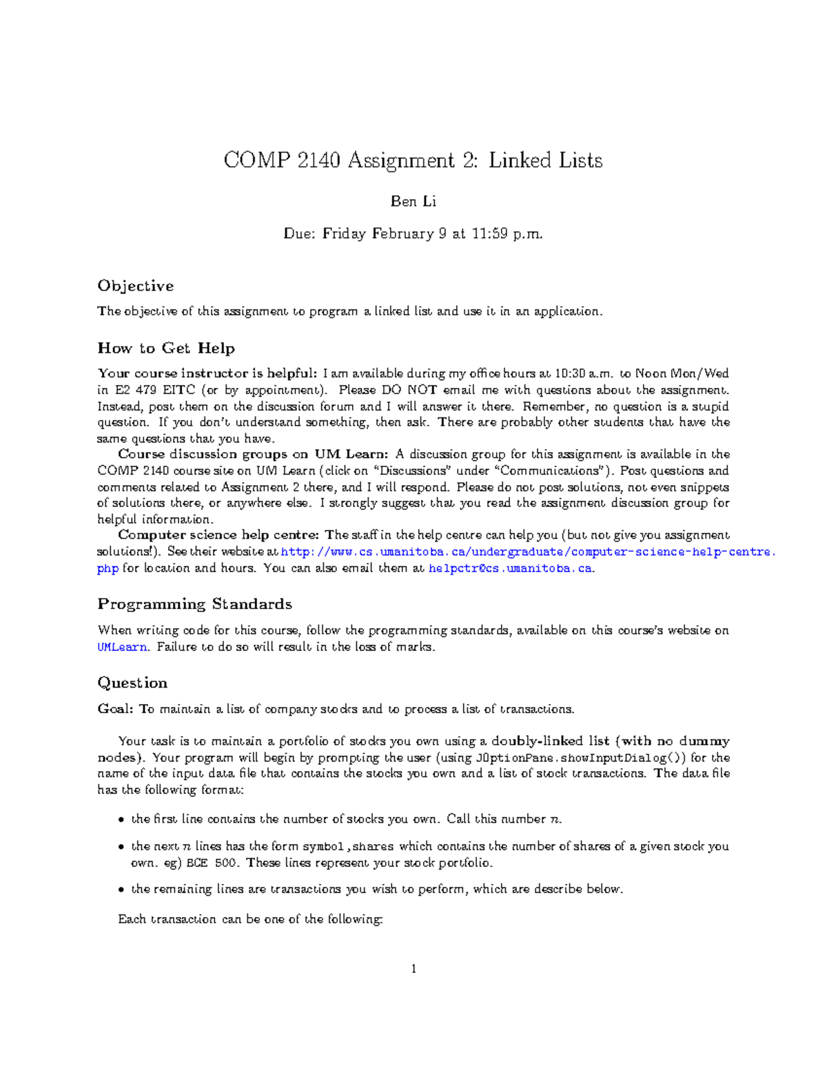 A2 Comp2140 Winter 2018 Comp 2140 Assignment 2 Linked Lists Ben Li Due Friday February 9 At 