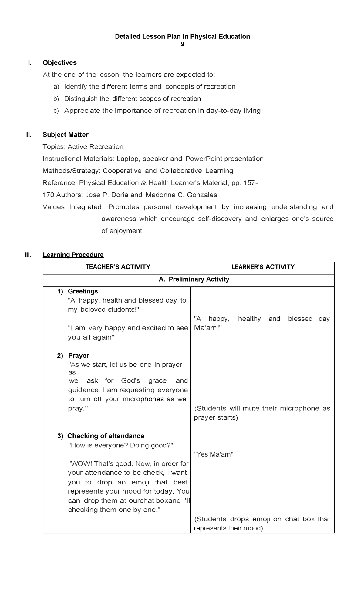 Active Recreation - LESSON PLAN - I. Objectives Detailed Lesson Plan in ...