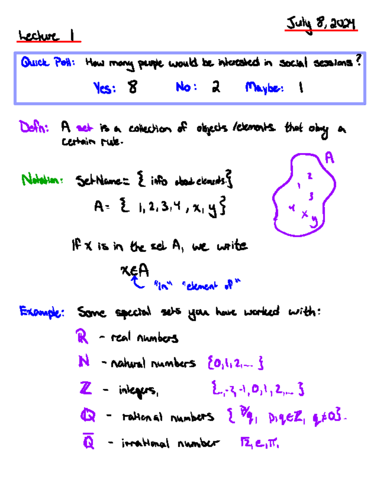 Lecture 1 Notes - July 8 , 2024 Lecture I Quick Poll : How many people ...