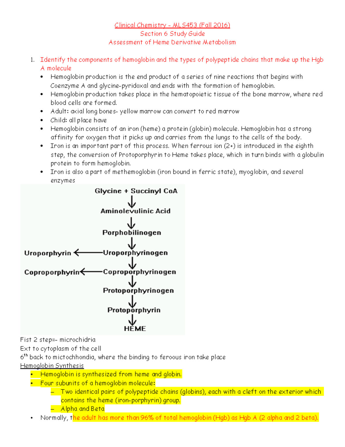 Section 6 Study Guide - Assess. of Heme Derivative Metabolism 2016 - Clinical Chemistry - MLS453 ...