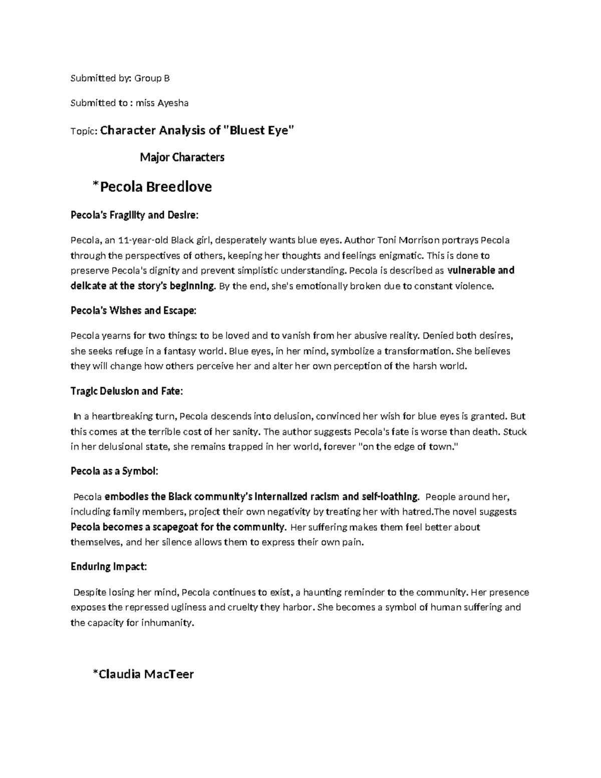 Character Analysis of the novel Bluest Eye - Submitted by: Group B ...