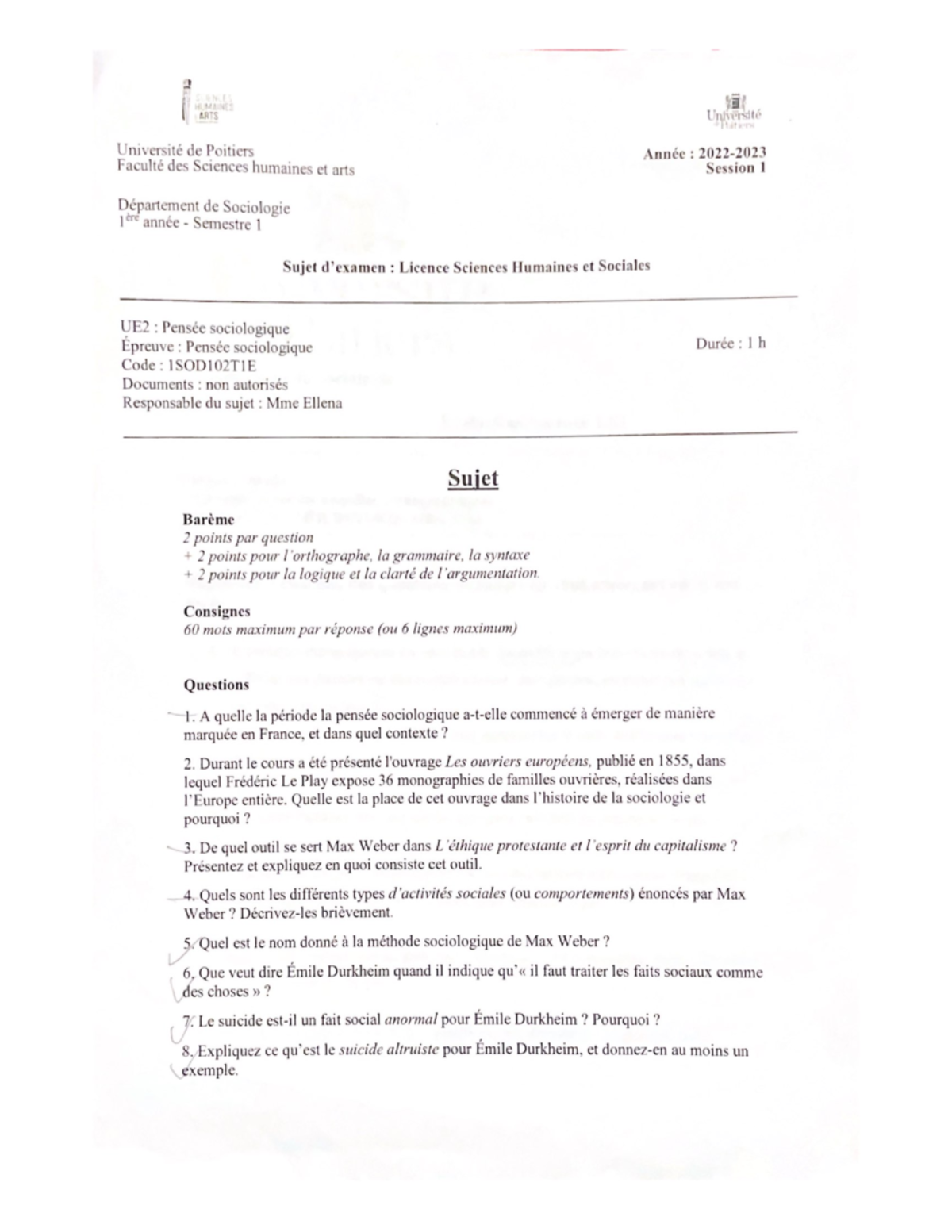 Archive questions du test L1S1 - Pensée sociologique - Studocu