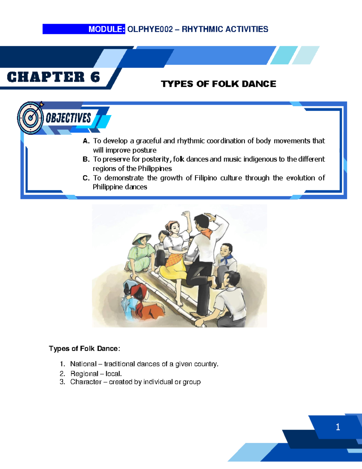 Chapter 6 - Types OF FOLK Dance - TYPES OF FOLK DANCE A. To develop a ...