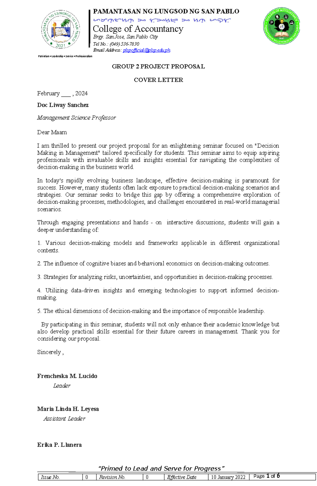 Group 2 Proposal Letter 1 - Patriotism • Leadership • Service ...