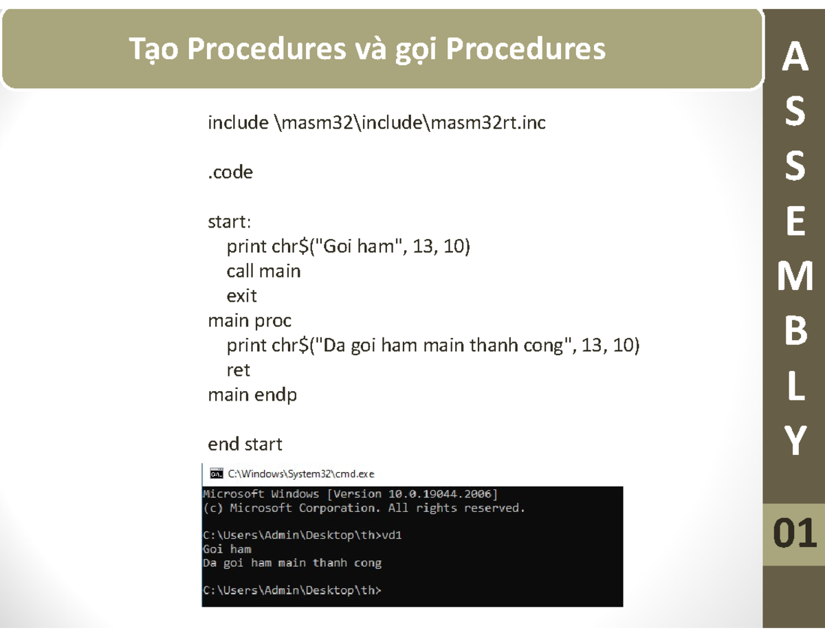 Assembly vi du - Practical - 01 A S S E M B L Y Tạo Procedures và gọi Procedures include - Studocu