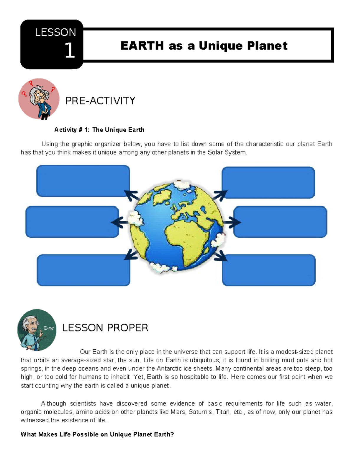 Lesson 1 Earth as a Unique Planet Module - PRE-ACTIVITY Activity # 1 ...