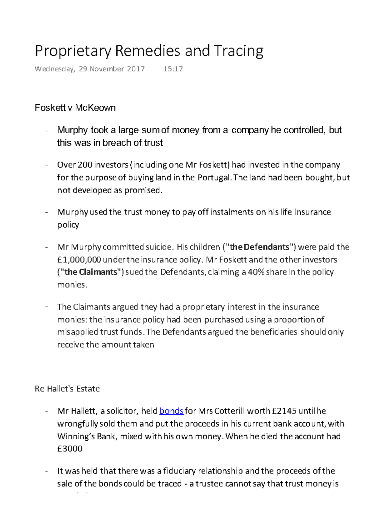 Property law lecture 8 Proprietary Remedies and Tracing - Foskett v ...