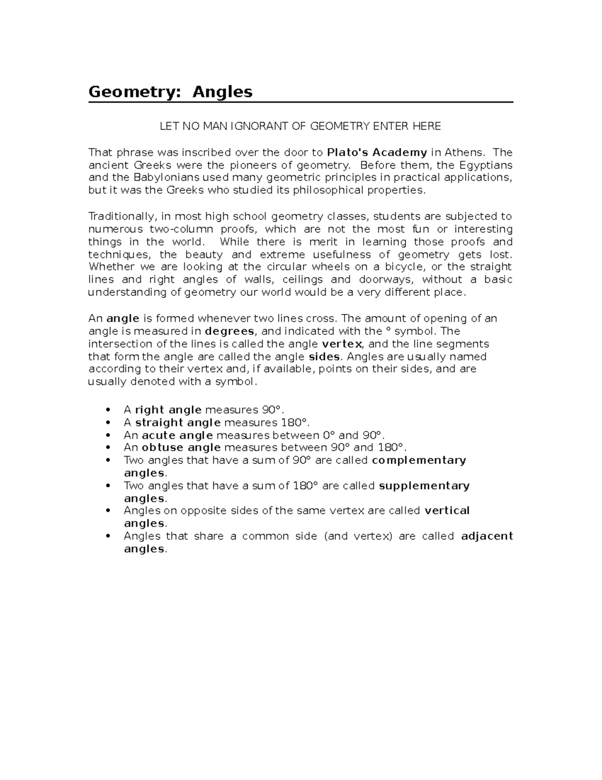 Angles - exam 2 materials for professor yates - Geometry: Angles LET NO ...