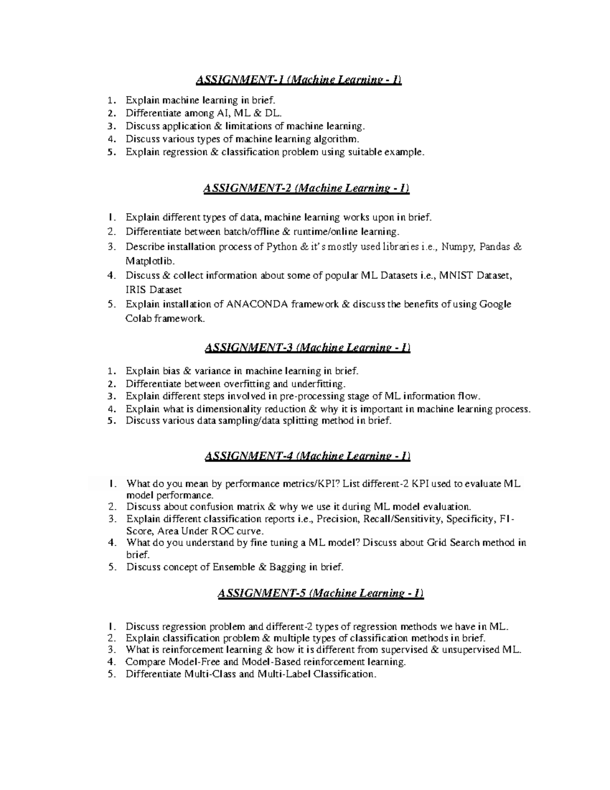 Question Bank-ML-I - Hlo - ASSIGNMENT-1 (Machine Learning - I) Explain machine learning in brief ...