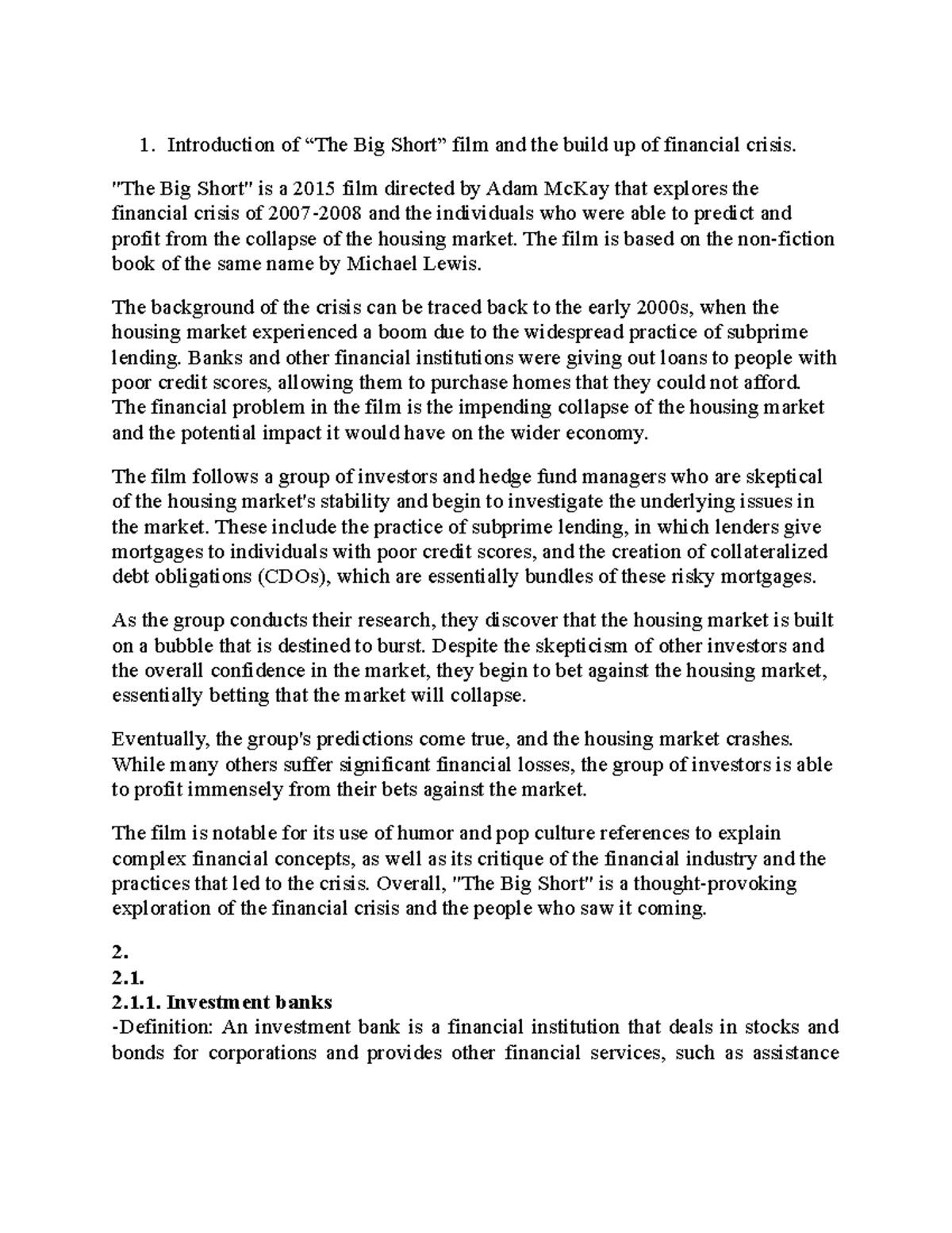 Critical thinking group paper - Introduction of “The Big Short” film ...