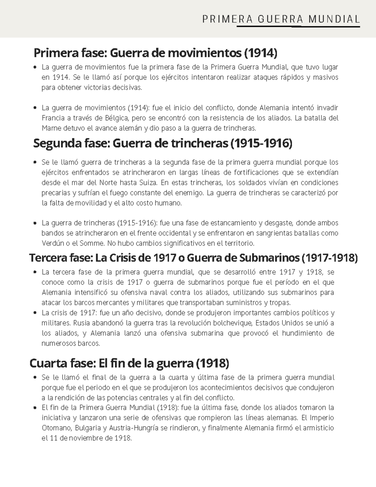 Etapas de la primera guerra mundial - Primera fase: Guerra de movimientos (1914) Segunda fase ...