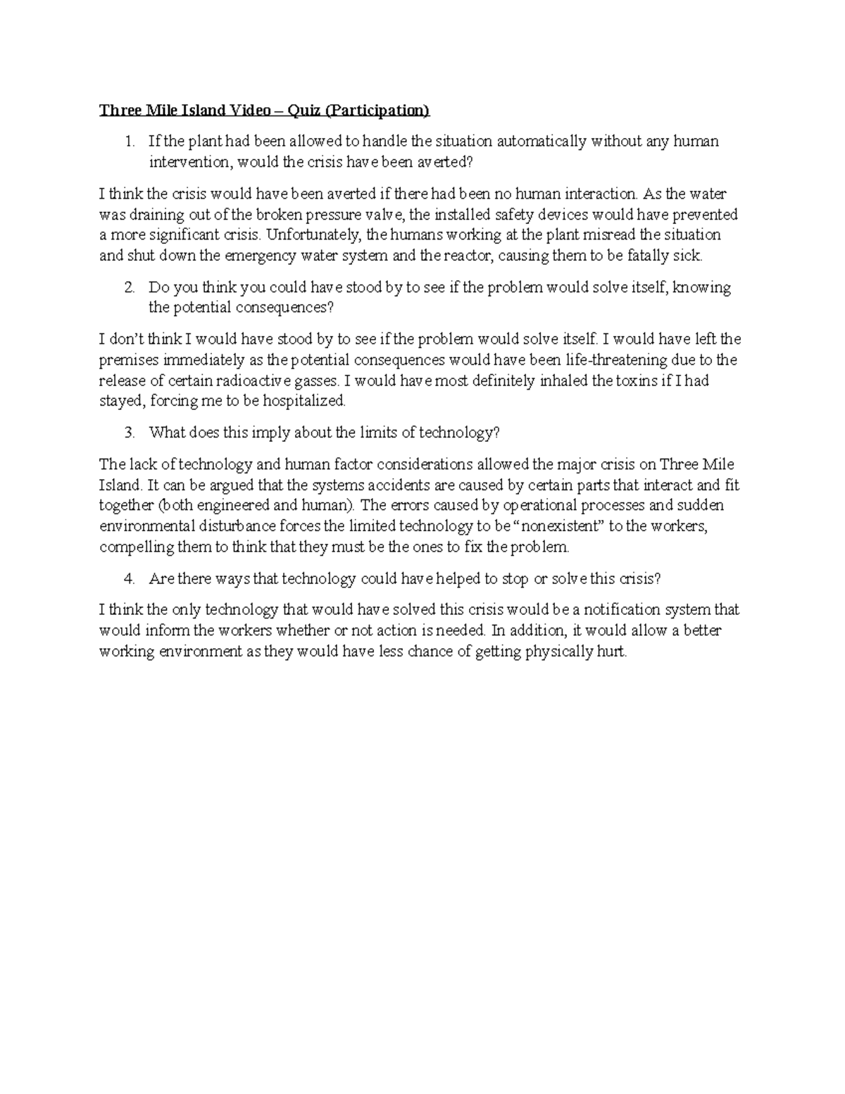 Three Mile Island Video – Quiz (Participation) - Three Mile Island ...