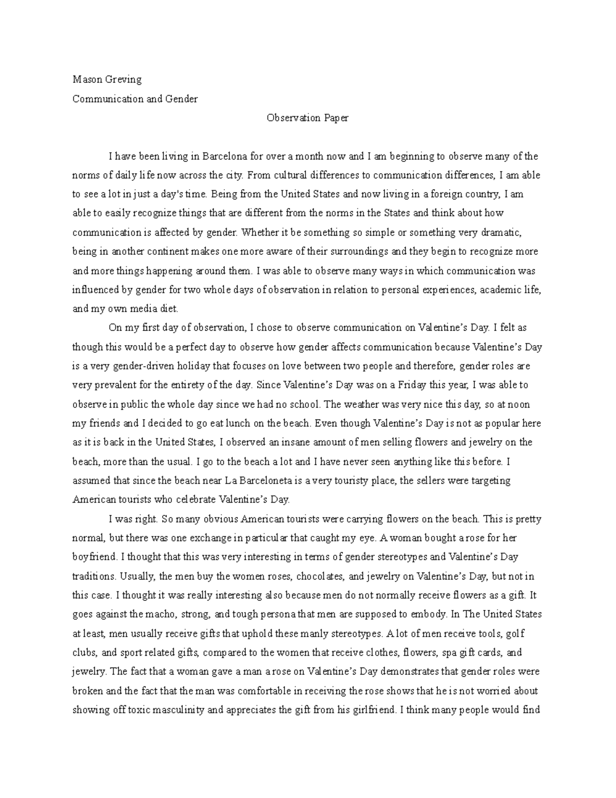 COM400 Paper - Mason Greving Communication and Gender Observation Paper ...