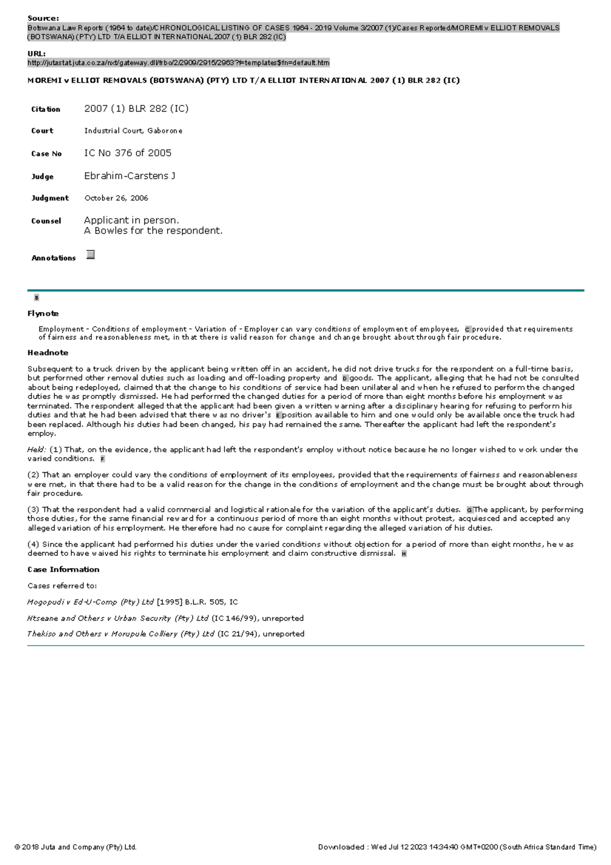 Unilateral variation of contract case- Moremi v Elliot Removals ...