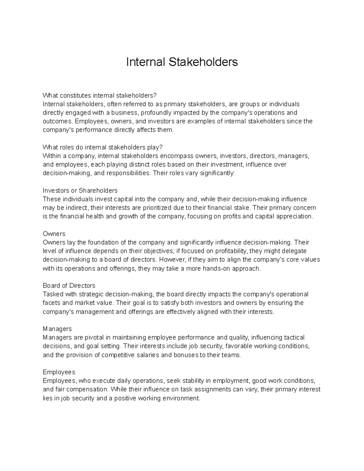 Internal Stakeholders - Internal Stakeholders What constitutes internal ...