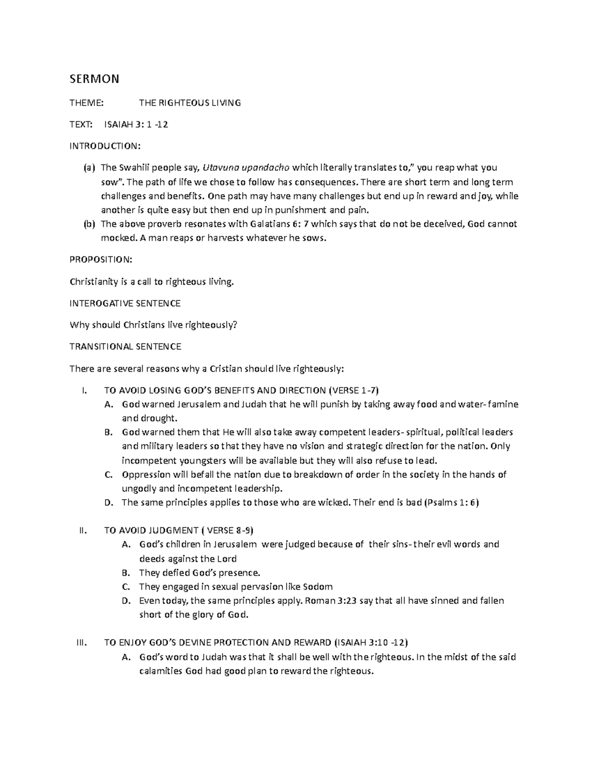 Assignment - Sermon - it helps you a lot - SERMON THEME: THE RIGHTEOUS ...