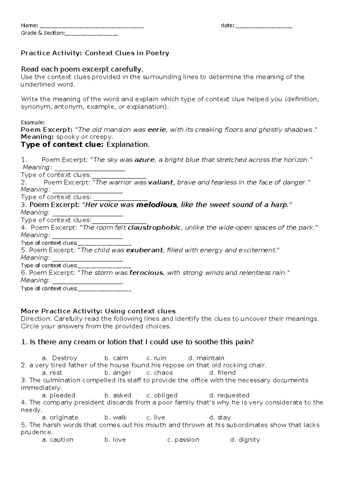 Practice Activity - Name: _________________________________ date: __________________ Grade ...