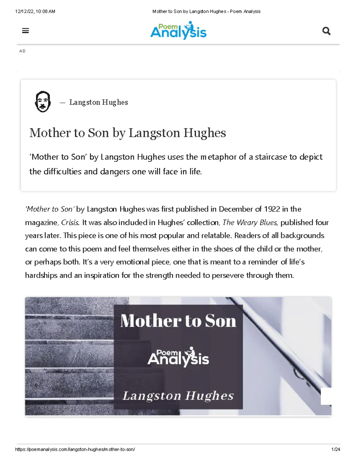 4- Mother to Son by Langston Hughes - — Mother to Son by Langston ...