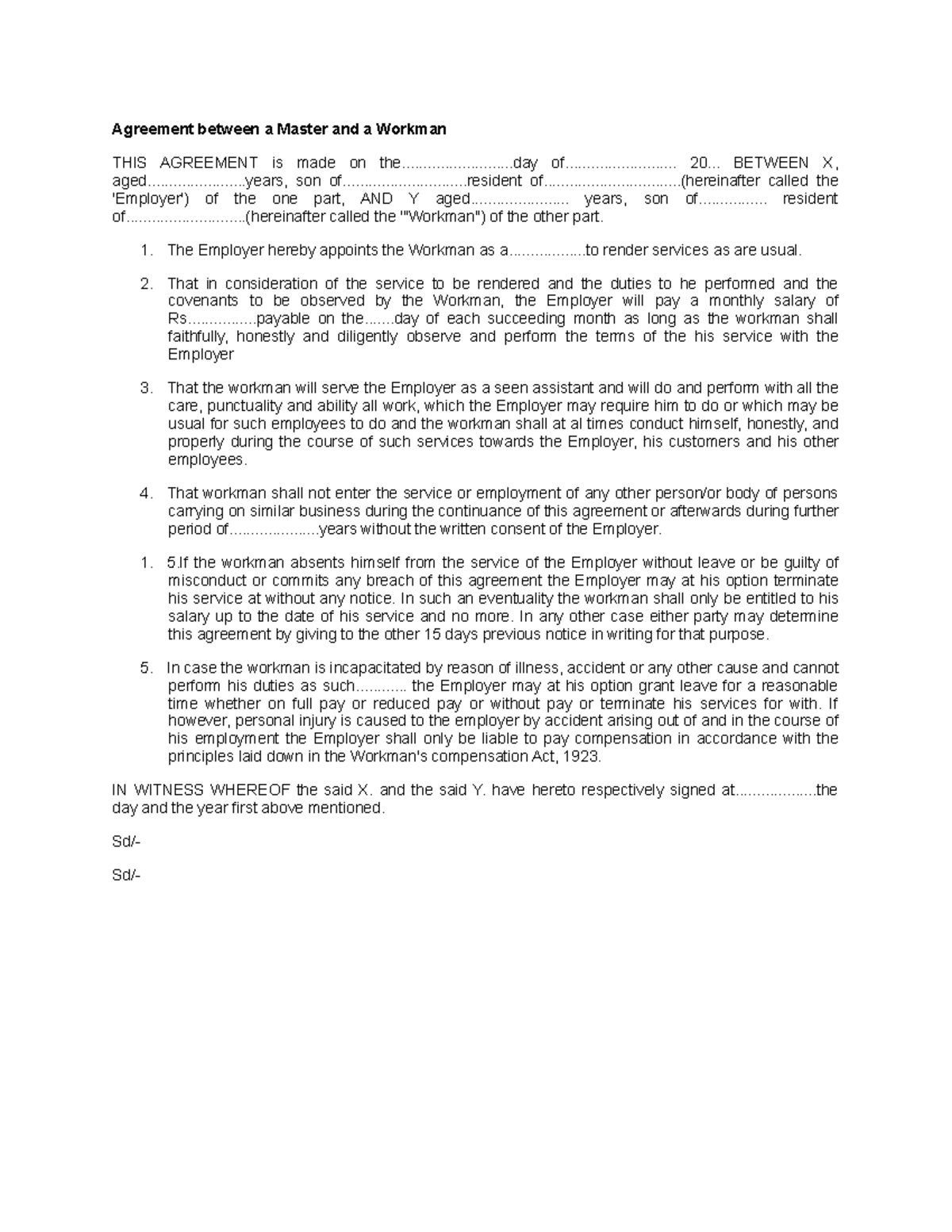 Agreement between a Master and a Workman - ........................ of